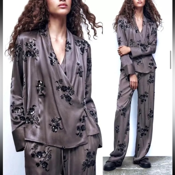 Zara | Tops | Zara Mink Embroidered Blouse With Sequins Trousers Co Ord ...